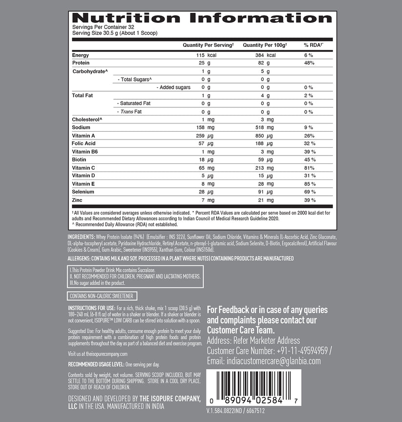Isopure 0.5kg Cookies & Cream: Immune Support Protein - ON