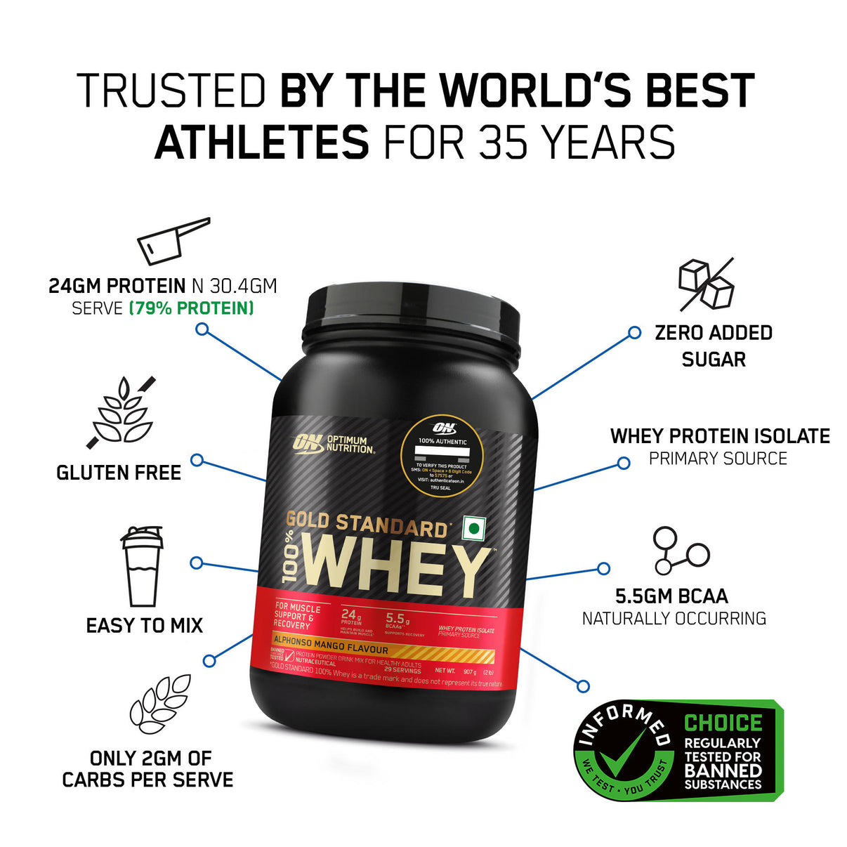 Buy Gold Standard Whey Protein - Alphonso Mango Flavour 907g - ON