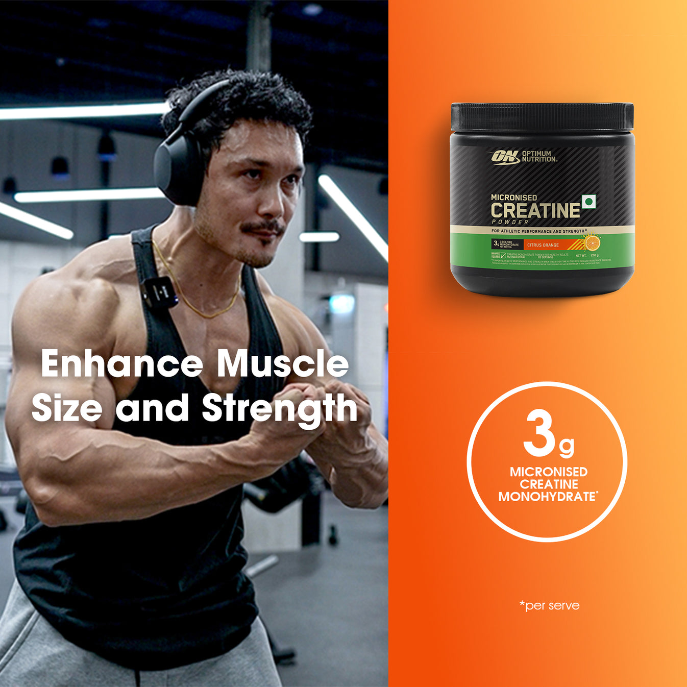 Micronized Creatine Powder - 250g Citrus Orange Flavour - ON